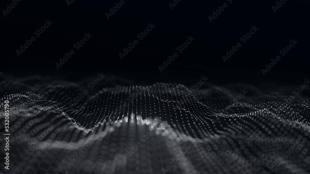 Dynamic wave of glowing particles. Abstract digital background. Data flow information. Concept ...