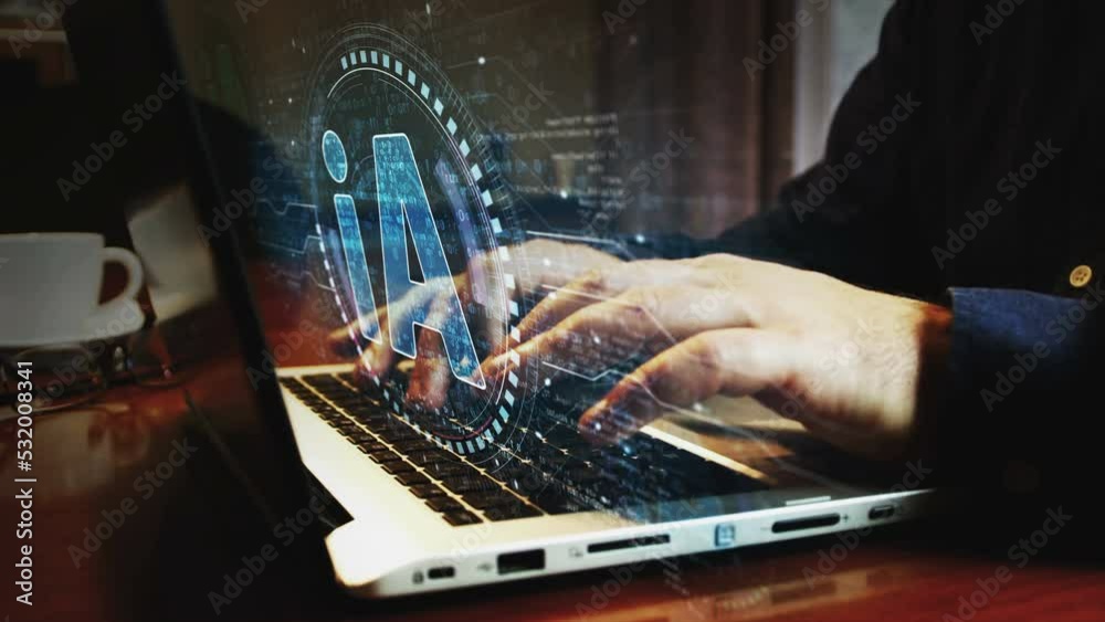 Artificial intelligence technology AI and deep learning symbol and man typing computer keyboard ...