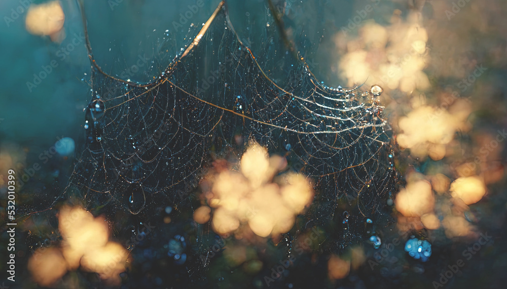 Spider web with water drops, sunset light. Gloomy natural background ...