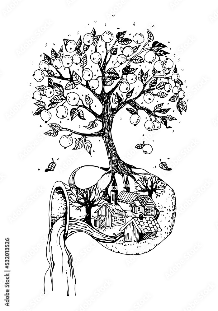 Apple tree with fruits on a jug. Village farm view. Line sketch vector ...