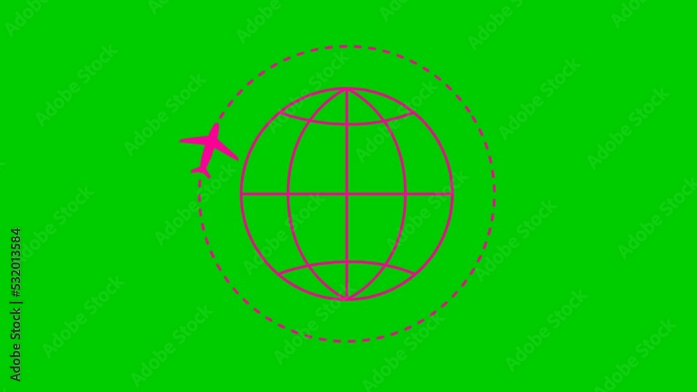 Animated pink plane flies along a trajectory. Planet Earth with plane ...