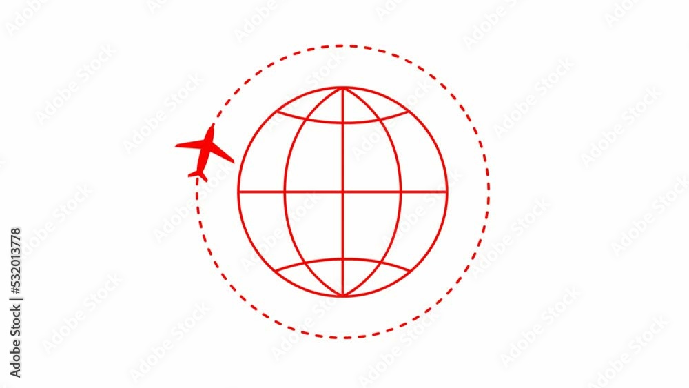 Animated red plane flies along a trajectory. Planet Earth with plane ...