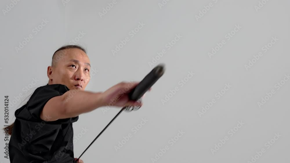 Japanese man traditional dress, black kimano katana samurai sword ...