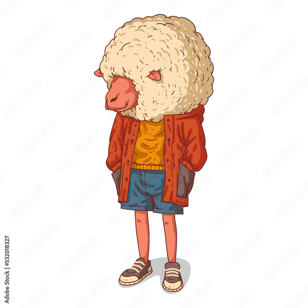 An Urban Sheep, isolated vector illustration. Drawn ewe character in a ...