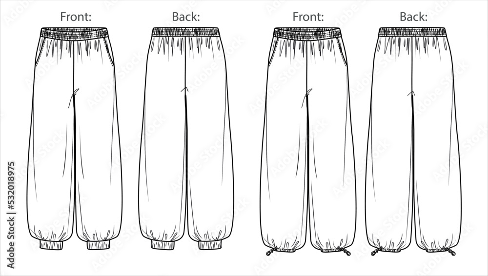 Vector woman fleece jogger technical drawing, utility style pants with ...