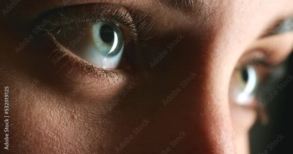 Woman eyes zoom, vision focus blue color contact lens and human ...