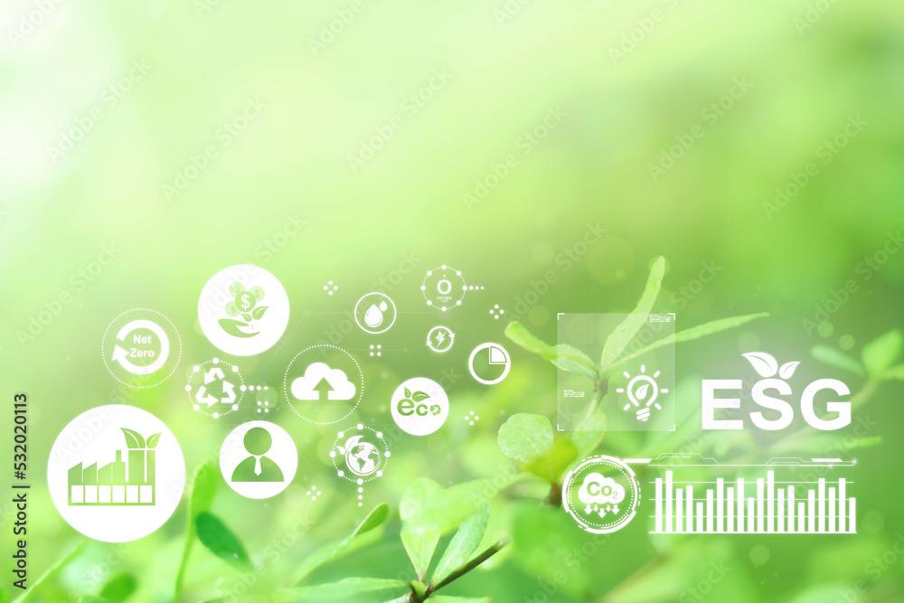 Sustainable energy and smart technology icon on blurred nature ...