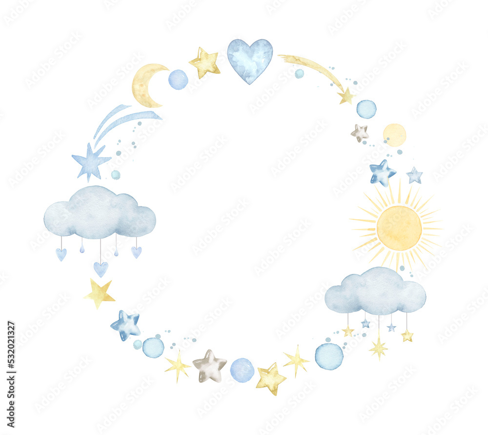 Watercolor frame with clouds,stars,moon,sun..Watercolor hand painted ...