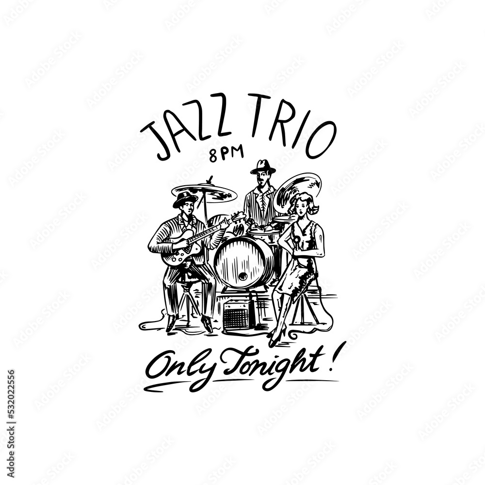 Jazz band. Singer with microphone, guitarist and drummer. The trio play ...