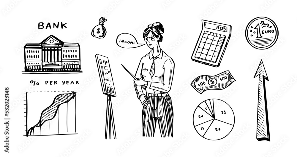 Economy poster. Finance and money. Accountant or bookkeeper woman ...