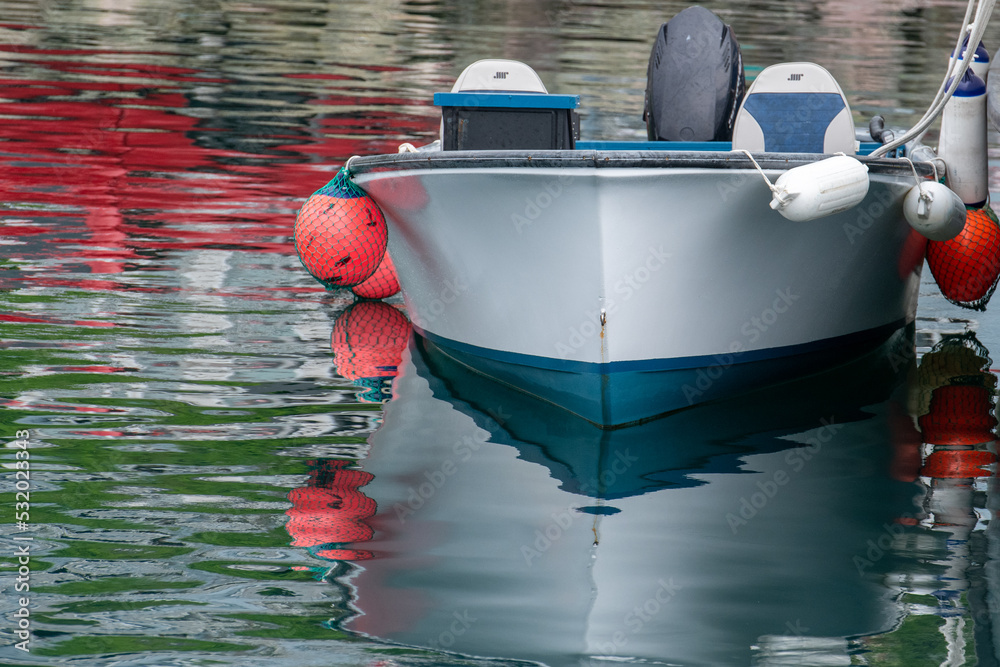 A white and blue fiberglass fishing boat moored with multiple orange ...