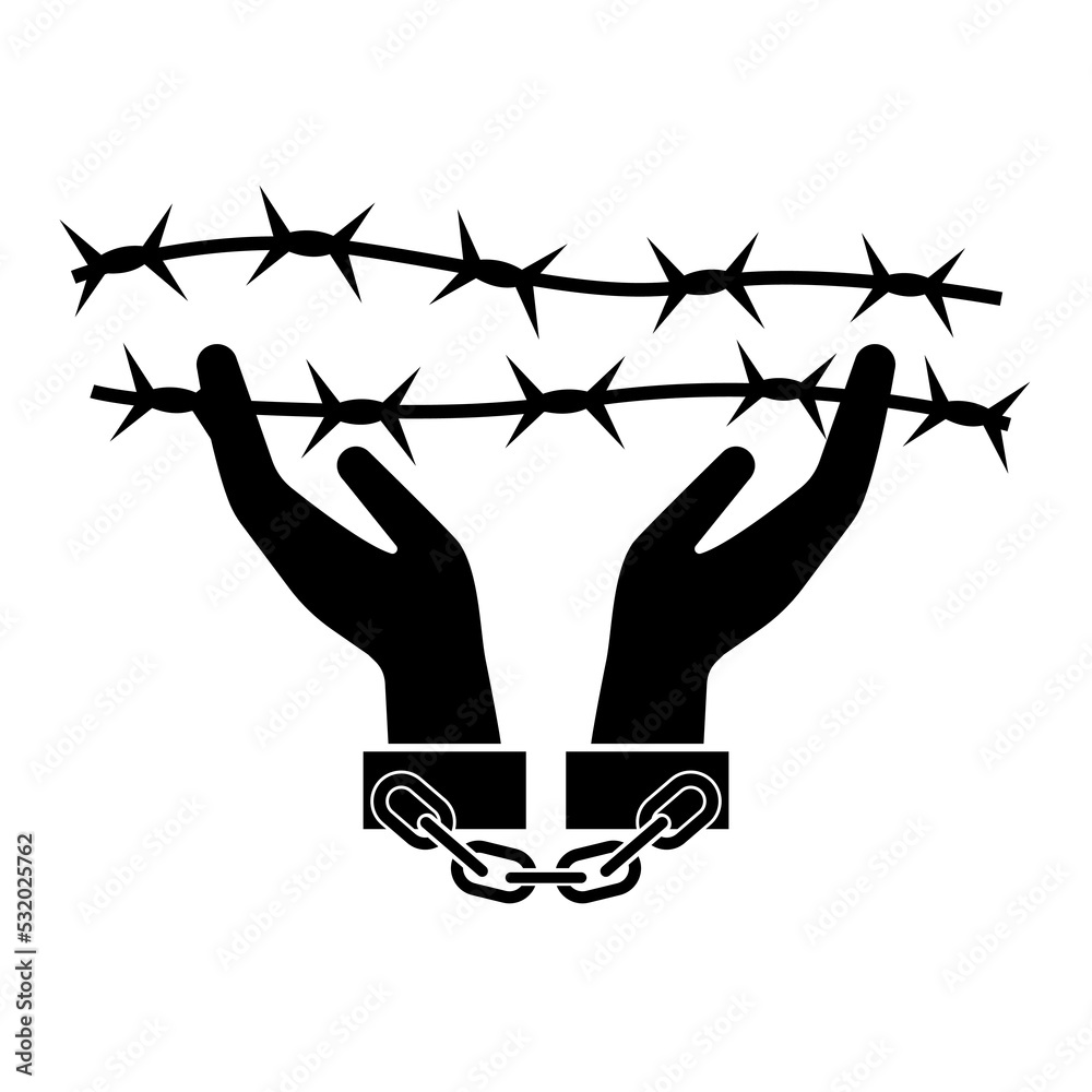 Handcuffs, manacles or shackles icon. Chained, handcuffed hands and ...