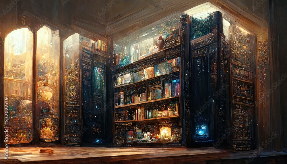 Bookcase with old books in the interior. Bookstore, library ...