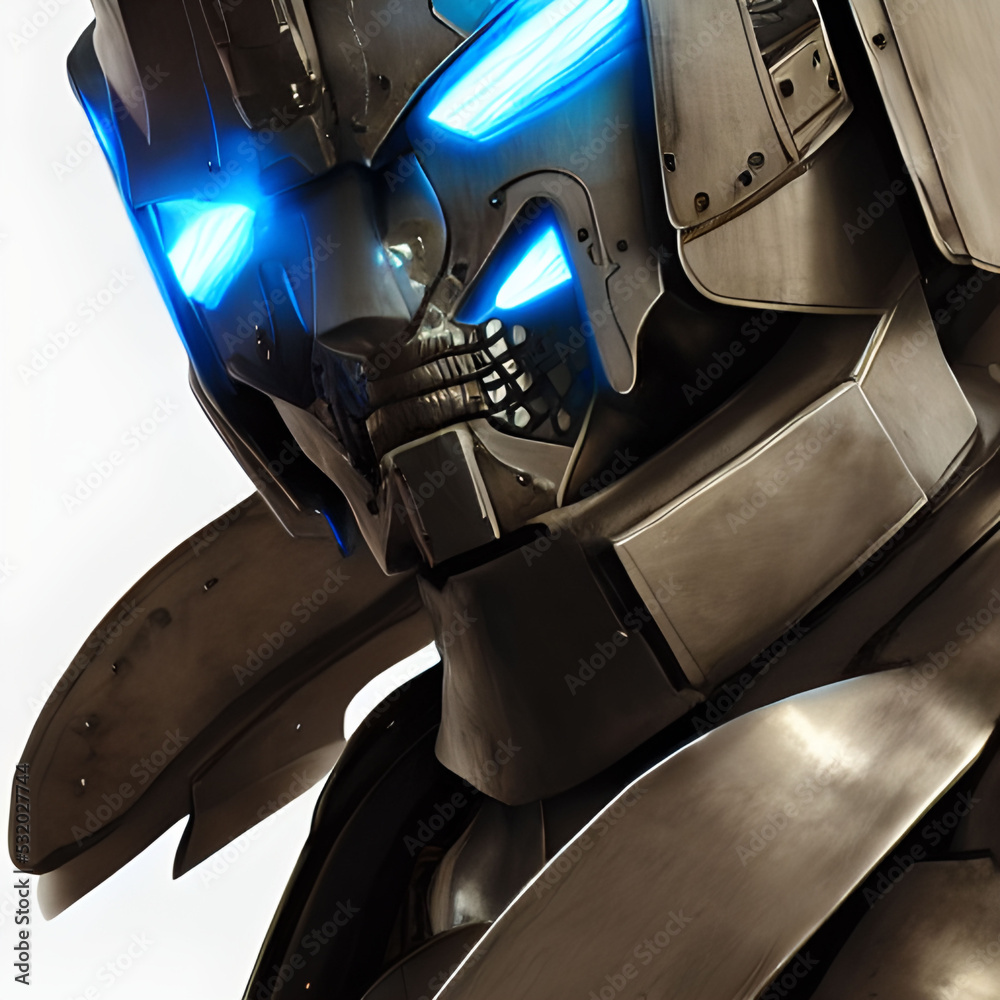 The high-tech cyberpunk robot stands in the middle of the room ...