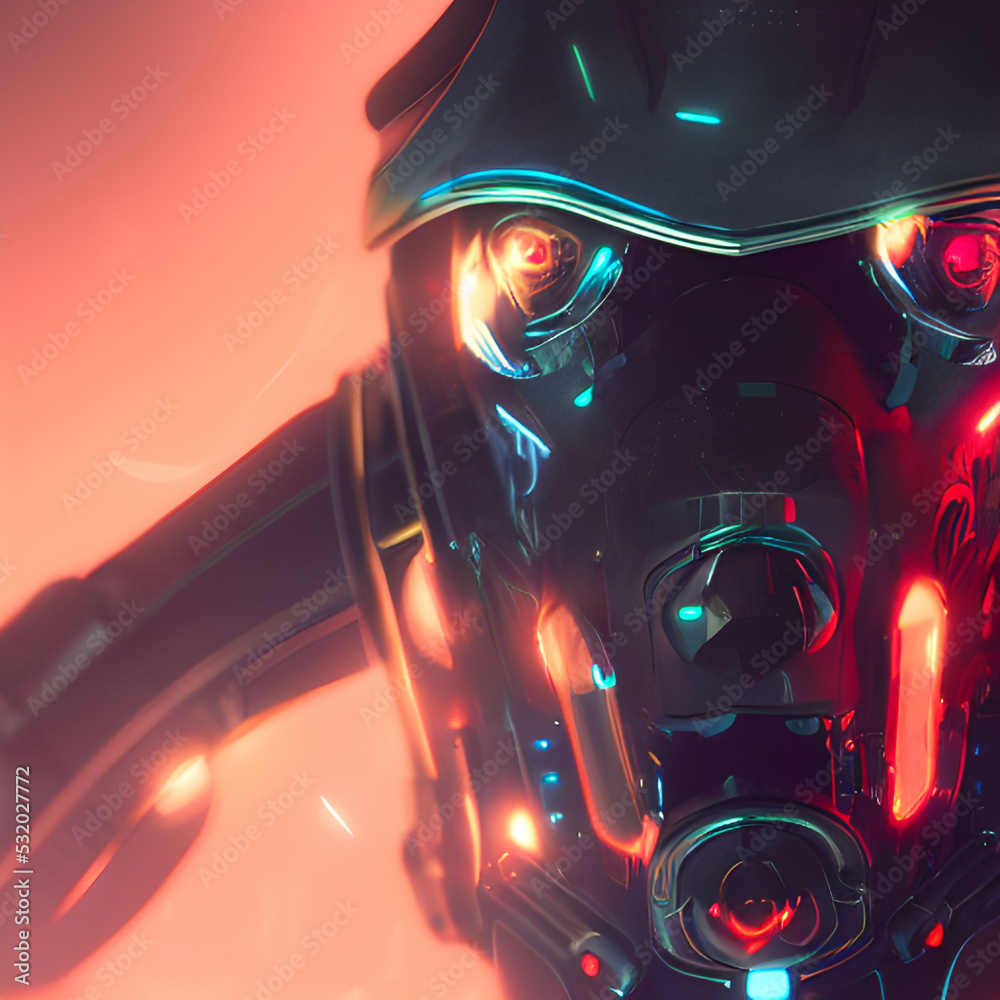 The high-tech cyberpunk robot is standing in the middle of the room ...