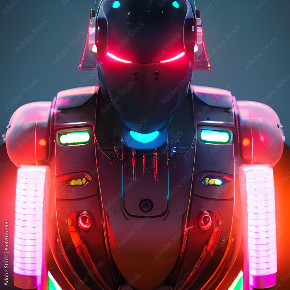 A high-tech cyberpunk robot is standing in a room full of rubble. The ...