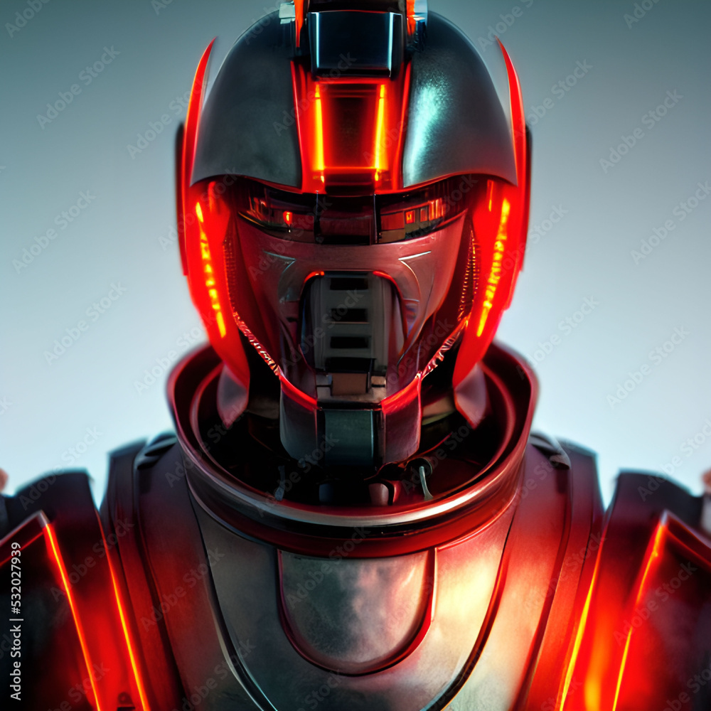 A high-tech cyberpunk robot is standing in a dark room. The only light ...