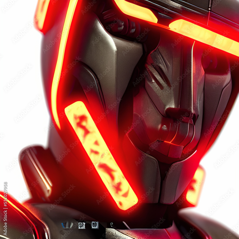 A high-tech cyberpunk robot stands in the middle of a dark room ...