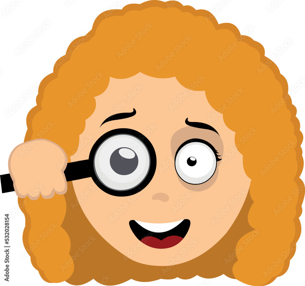 Vector illustration of a cartoon woman face observing with a magnifying ...