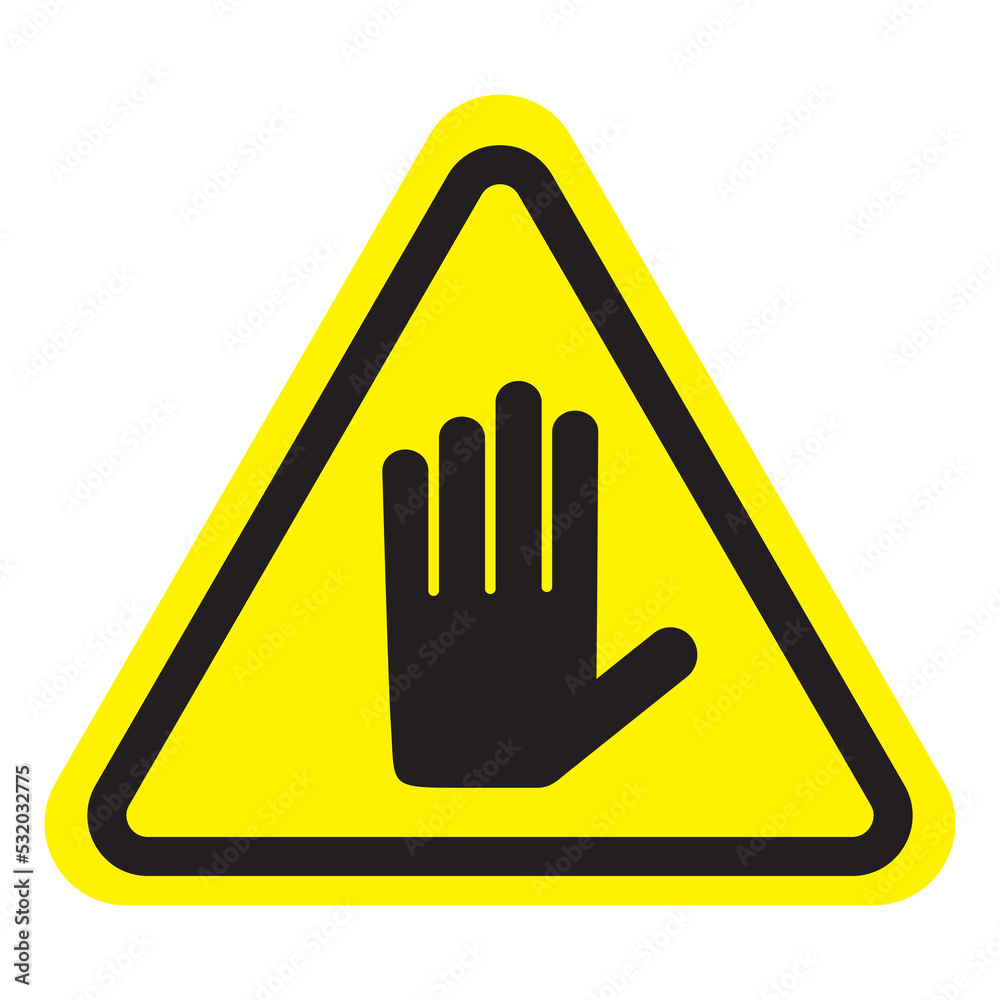 Stop warning sign yellow black triangular shape. Hand sign on yellow ...