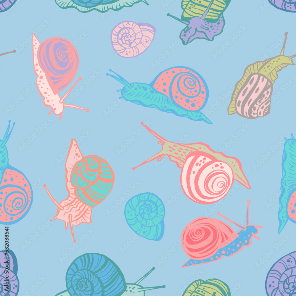 Seamless vector pattern of multicolored snails on a blue background ...
