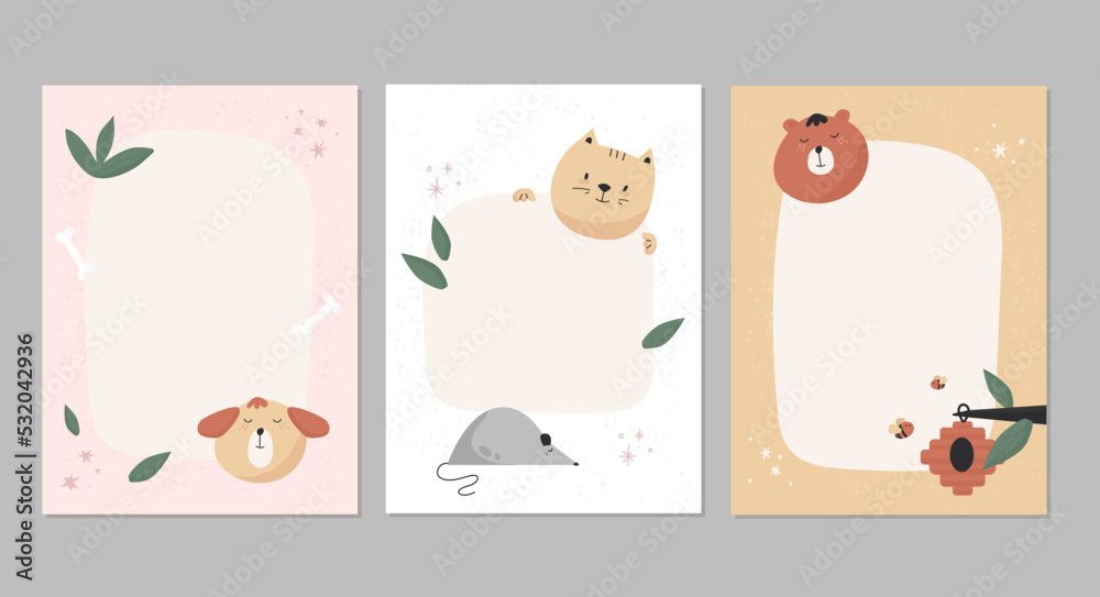 Modern cute animals cards set, birthday background with dog, cat and ...