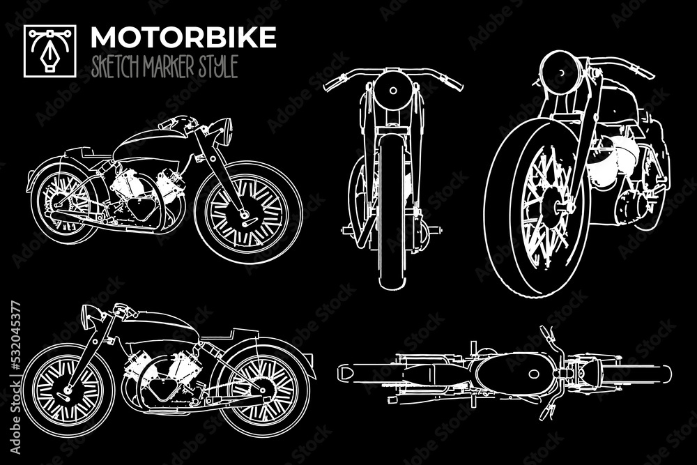 Isolated cafe racer motorbike silhouette in different views. Stock ...