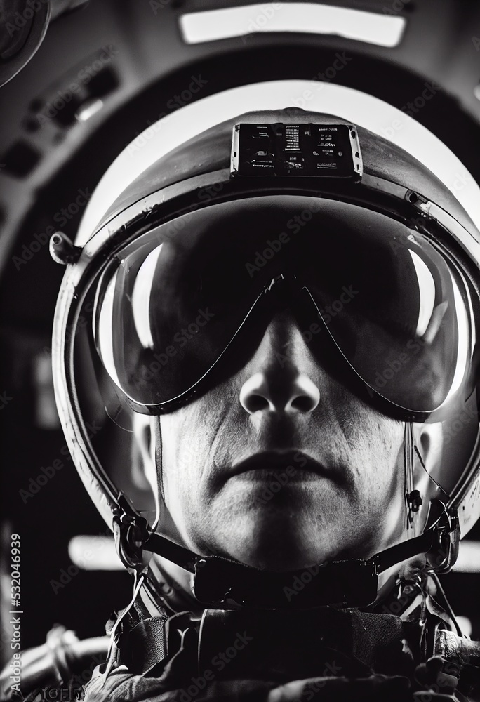 A military fighter pilot in the cockpit of his plane, wearing a helmet ...