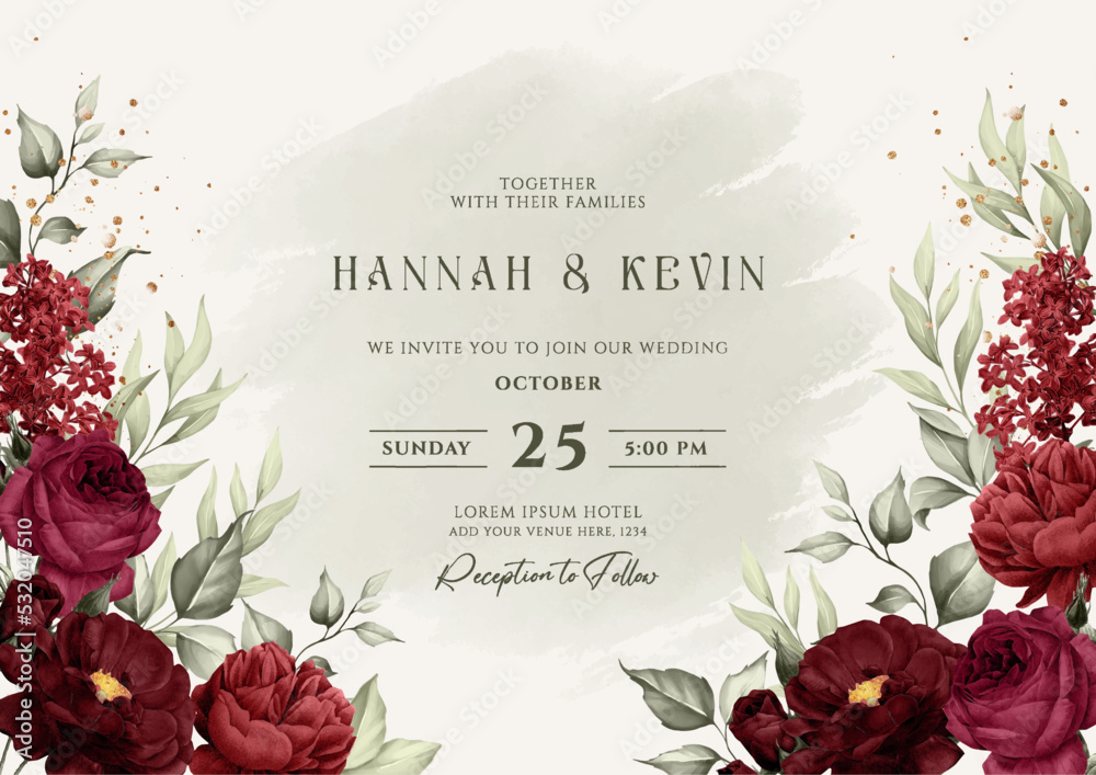 Floral background wedding invitation with red flower and leaves ...