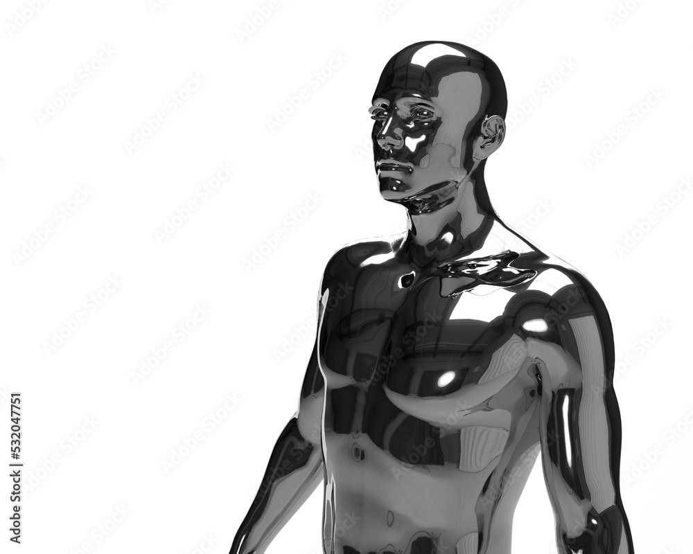 3D illustration of a male silver torso on a white background. metal ...