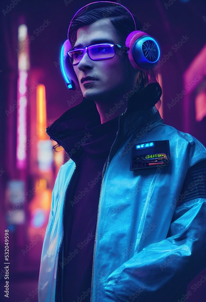 Portrait of a man wearing a cyberpunk headset and cyberpunk gear. A ...