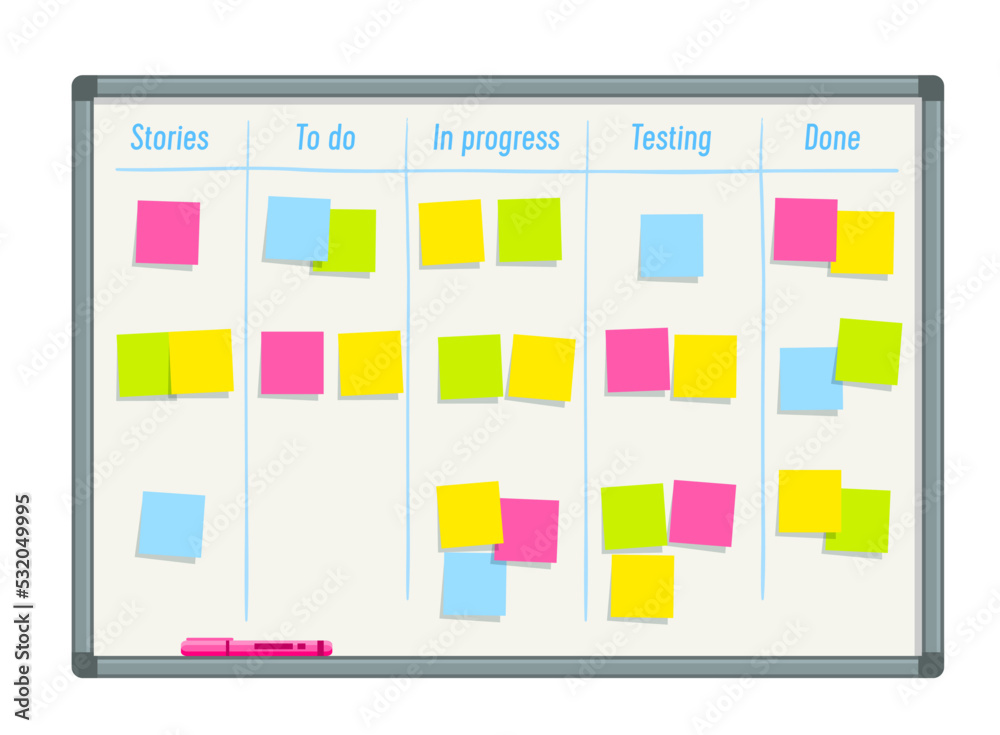 SCRUM task board, sticker notes for work process schedule, vector ...