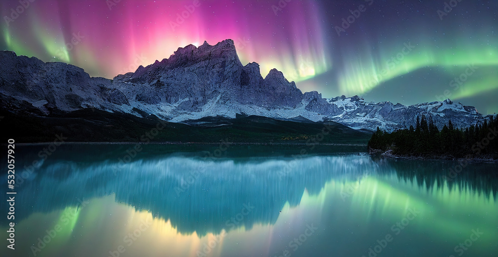 Aurora Starry Night. Sky of Mountain North Pole Lake. Fantasy Backdrop ...