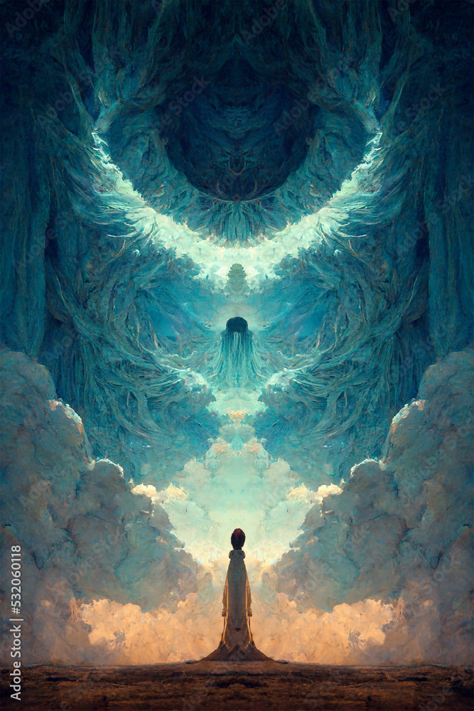 Woman in heaven beyond clouds and sky in front. Fantasy concept art ...