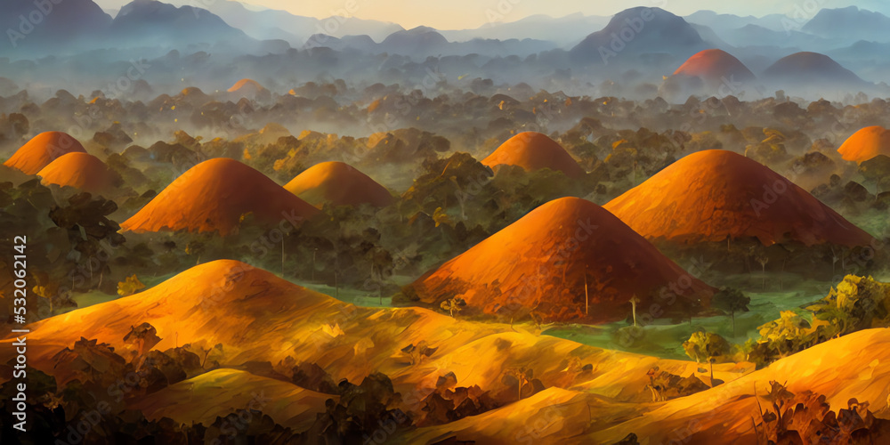 A colorful painting of the Chocolate hills, Bohol island, The ...