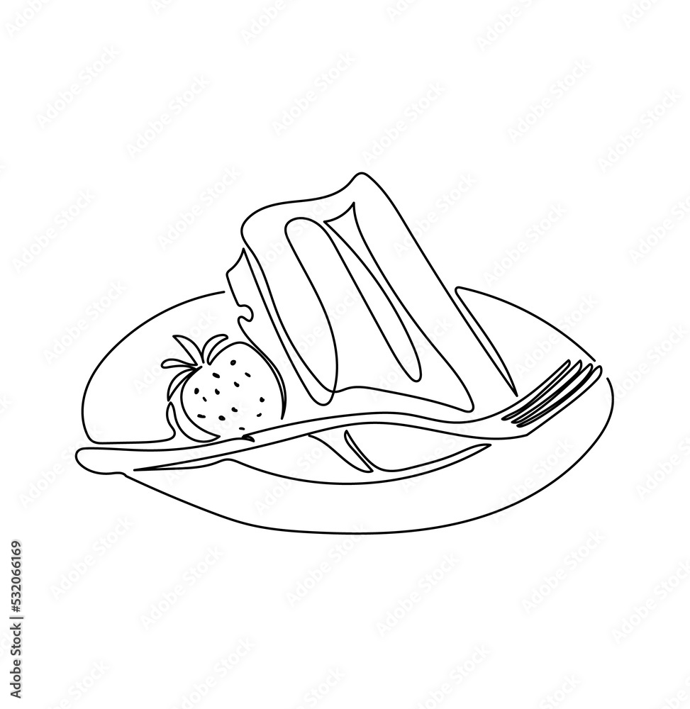 Pancake One Line Drawing. Continuous Line Drawing of Cake on Plate line ...