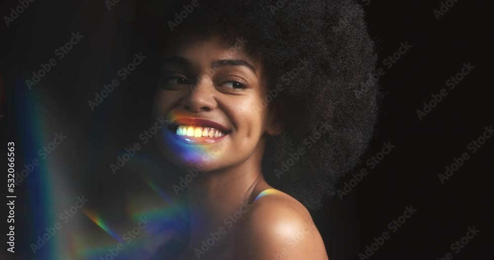 Prism rainbow, light and reflection on a woman model from Jamaica with ...