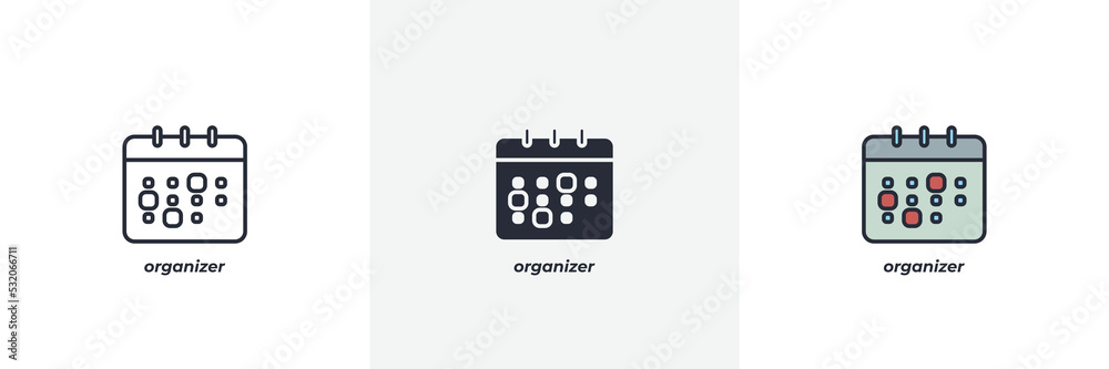 organizer icon. Line, solid and filled outline colorful version ...