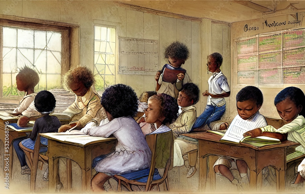 African American kids children students in a classroom at school are ...