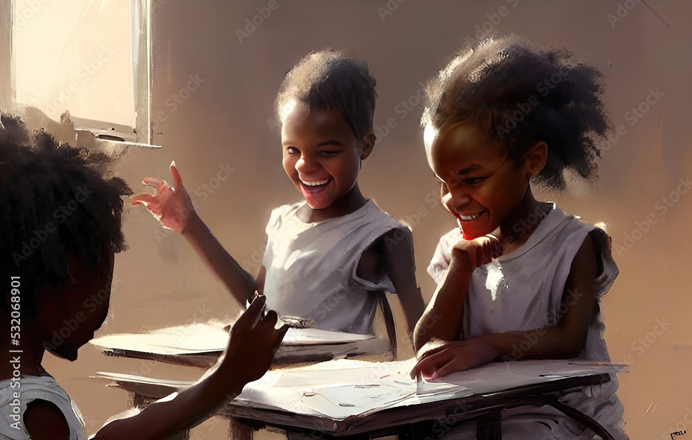 African American kids children students in a classroom at school are ...