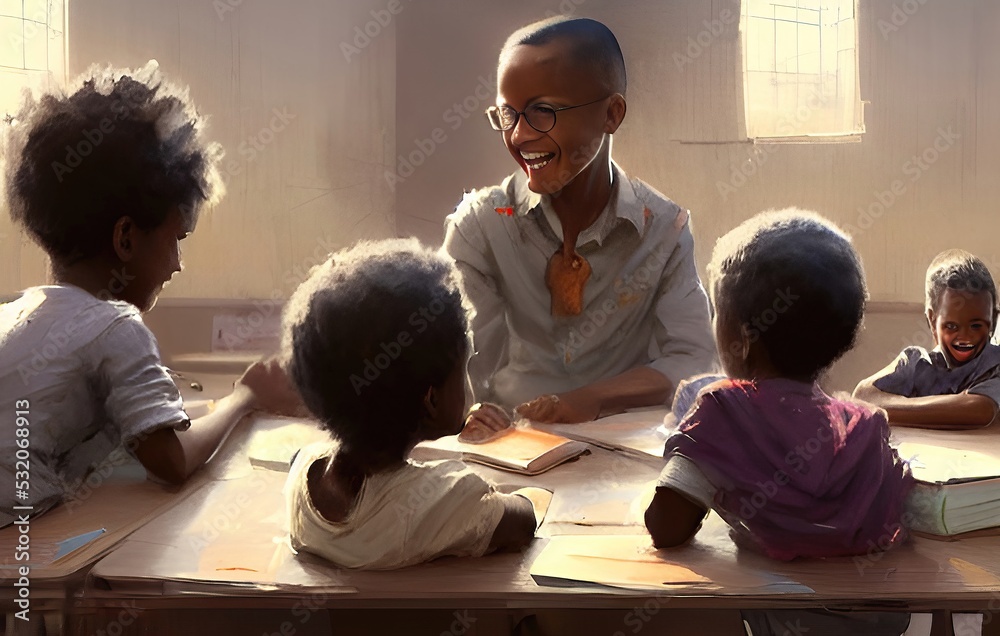 African American kids children students in a classroom at school are ...