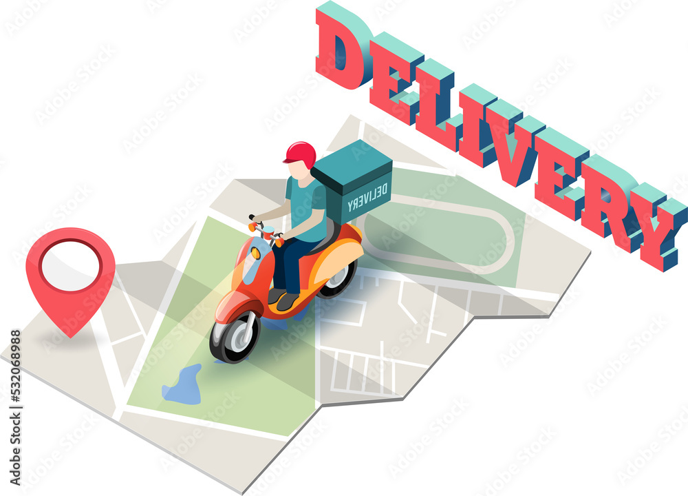 3D isometric Online delivery service concept with delivery man ride ... 3D isometric Online delivery service concept with delivery man ride ...
