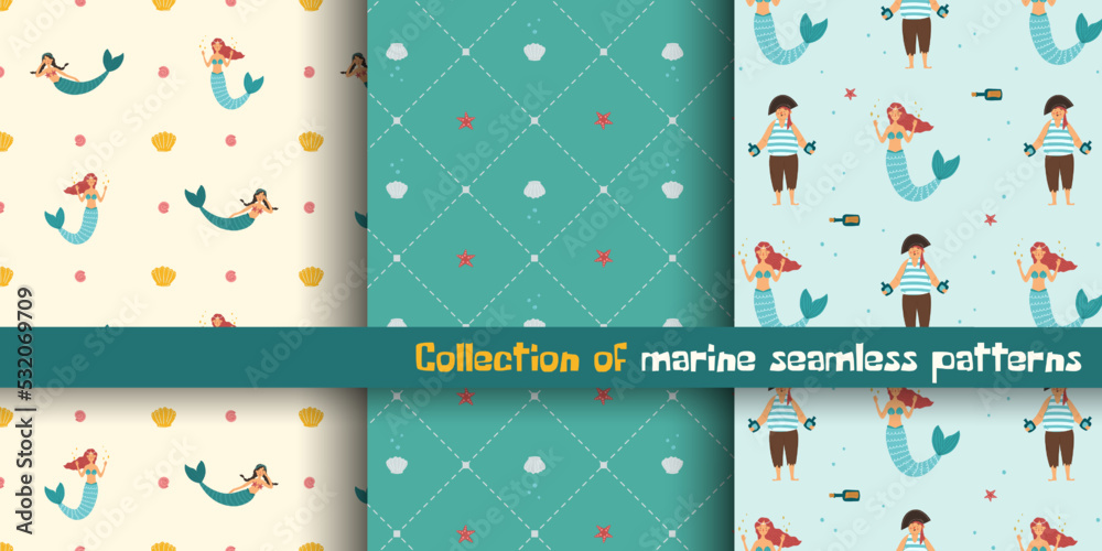 Vetor de Set of seamless patterns with mermaids, pirates and shells ...