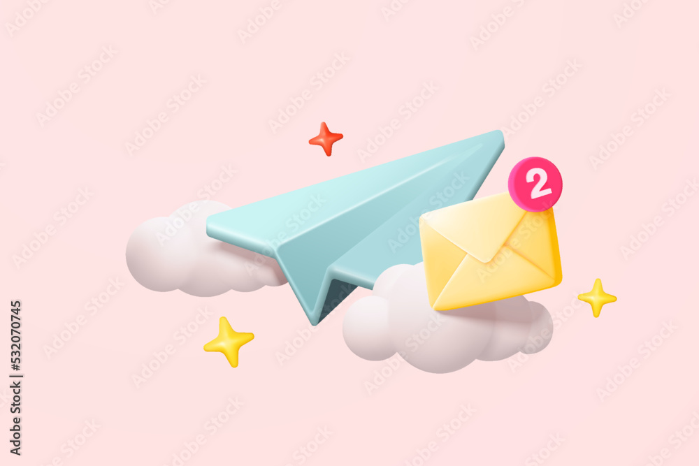 3d paper plane mail icon on cloud for send new message. Minimal email ...
