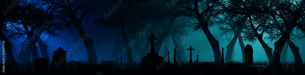 Eerie Churchyard at Night. Blue Halloween Banner with Gravestones and ...