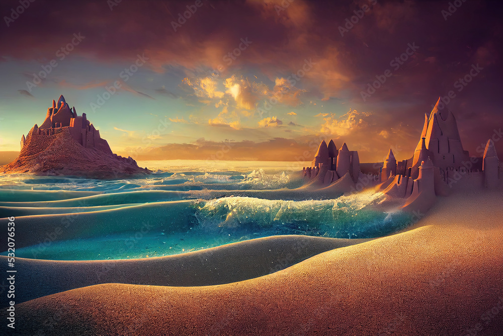 Sand Desert Castle. Cloud and Blue Water Lake Oasis. Fantasy Backdrop ...