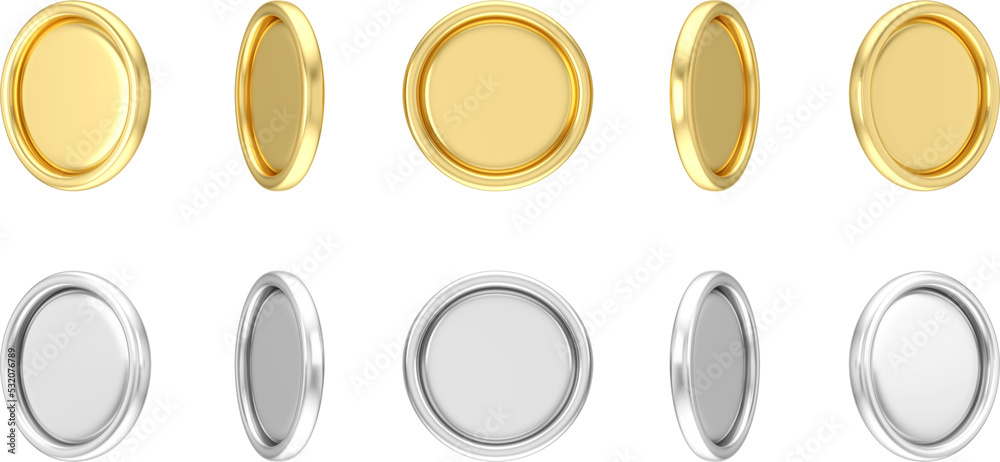 Set of rotating golden and silver coins. Set of spinning gold silver ...