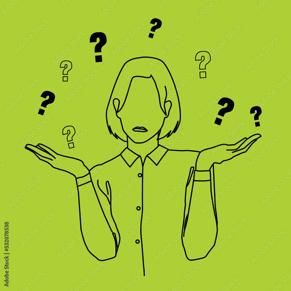 Drawing outline cartoon Illustration of woman forgetful with question ...