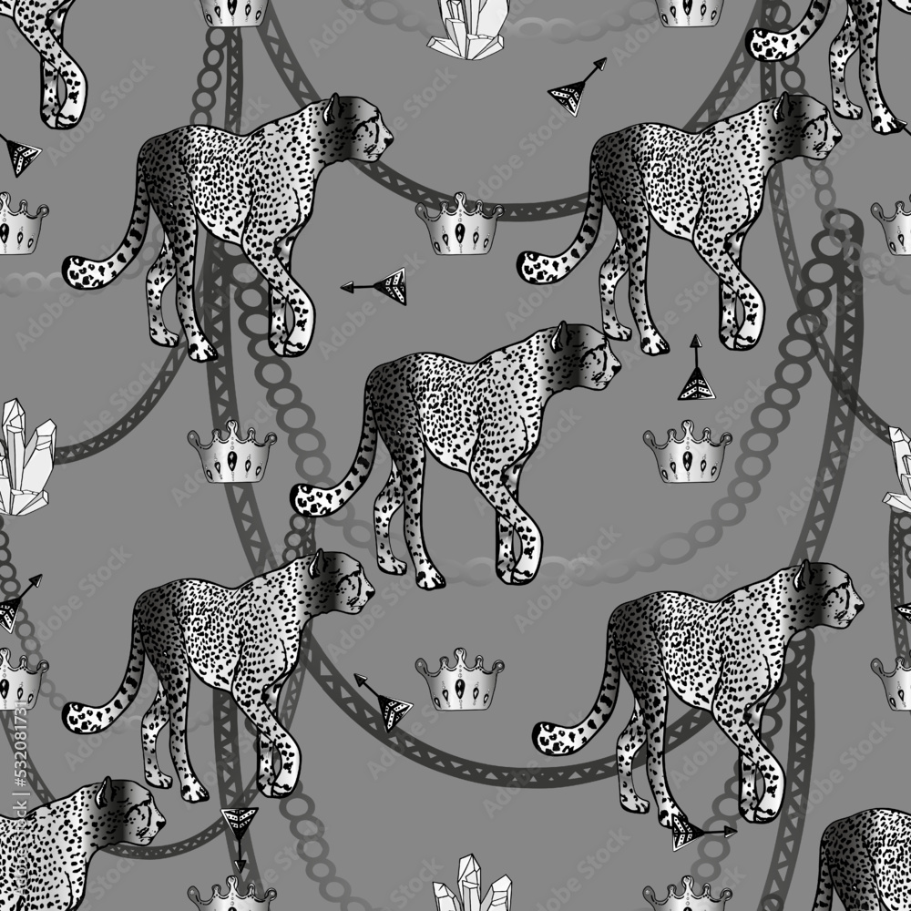 Tropical jaguar pattern and crown. Seamless illustration of a chain ...