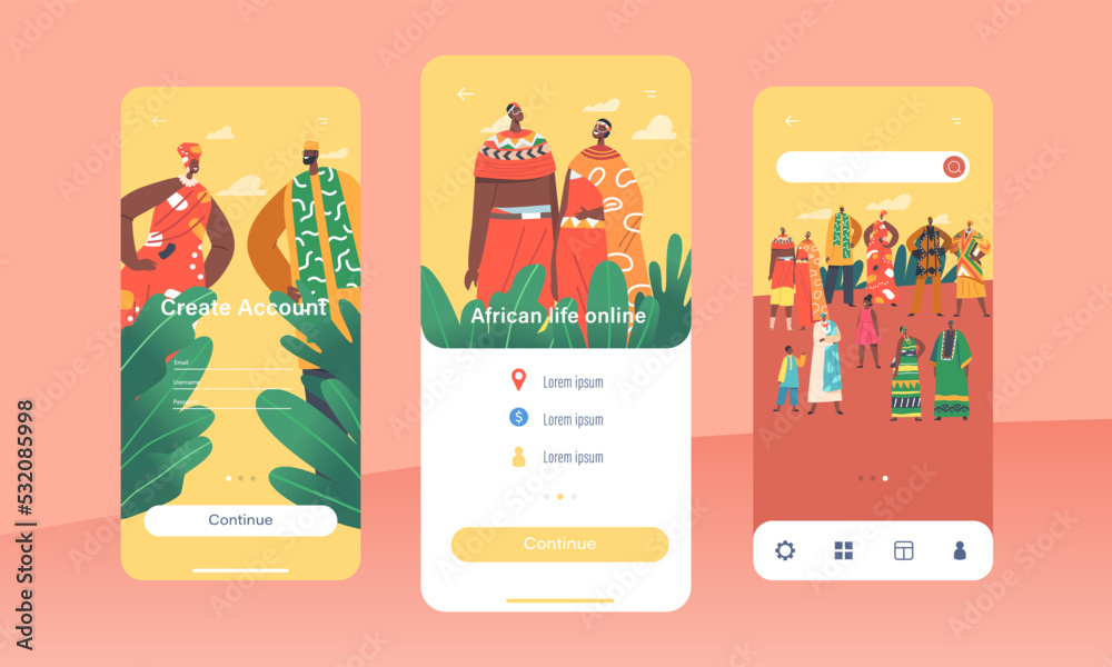African Life Online Mobile App Page Onboard Screen Template. People in ...